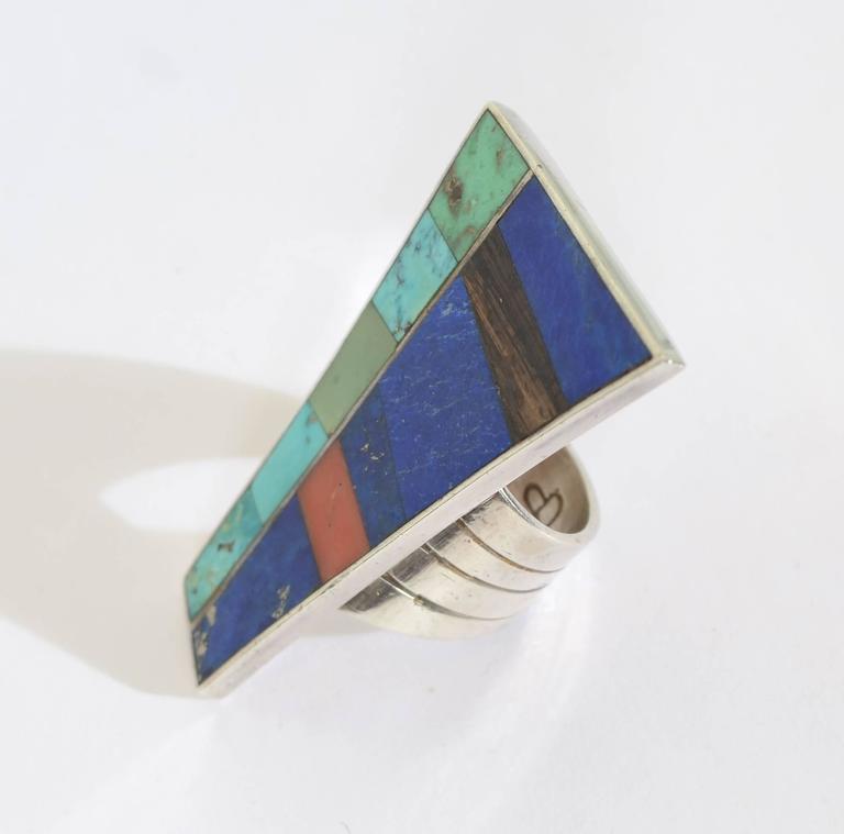 HUGE Inlaid Stones Silver Ring at 1stDibs | huge silver rings