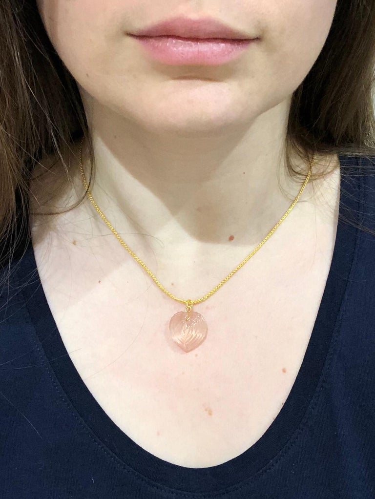 Hand Carved Rose Quartz Heart Shell 22 Karat Gold Pendant at 1stDibs