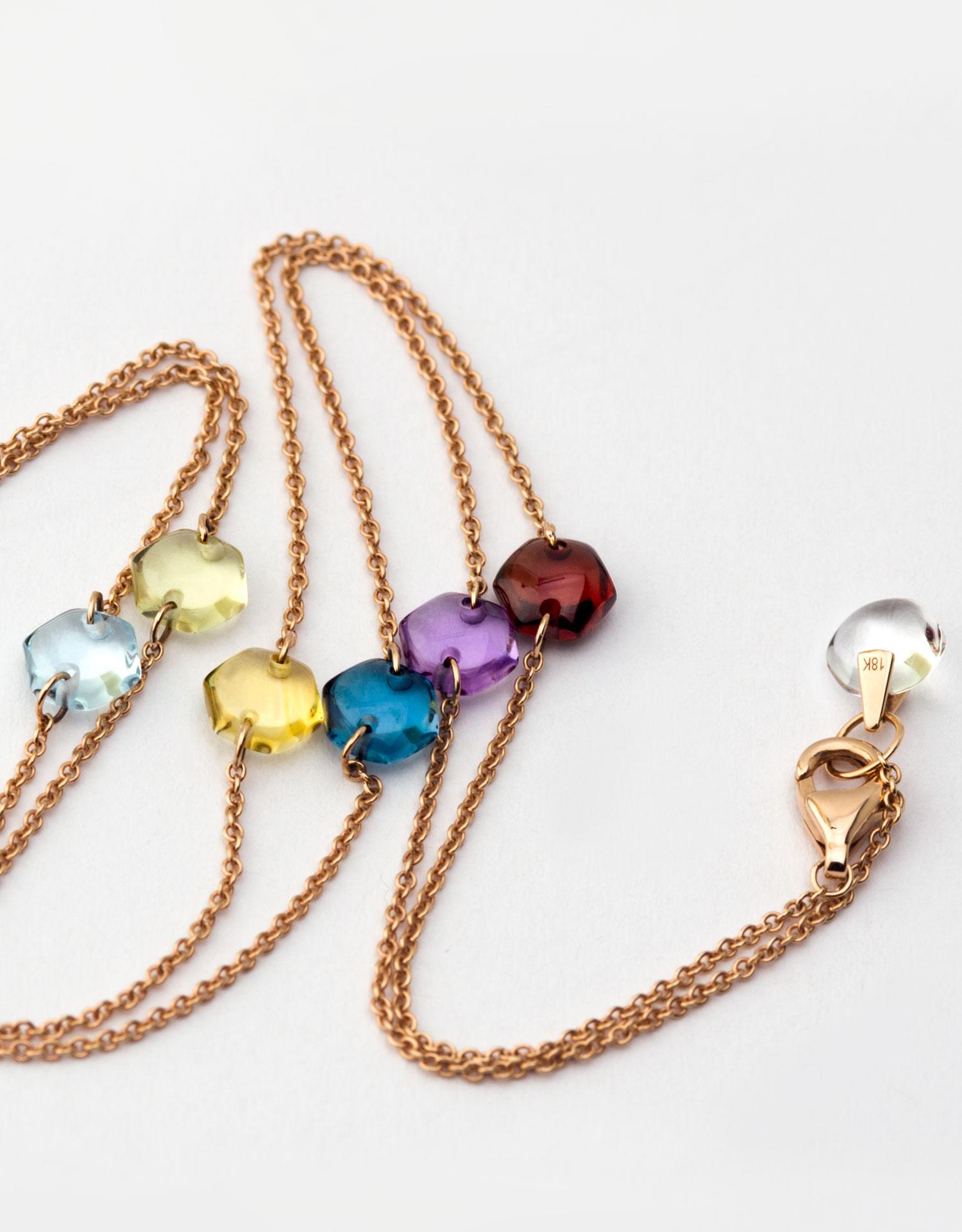 Modern 18 Karat Gold Link Chain with 8 Natural Rainbow Crystal Hexagon ...