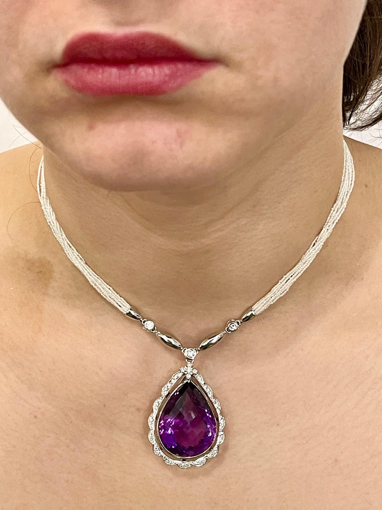 54 Carat Tear Drop Amethyst and Diamonds with Seed Pearl Necklace 18 ...