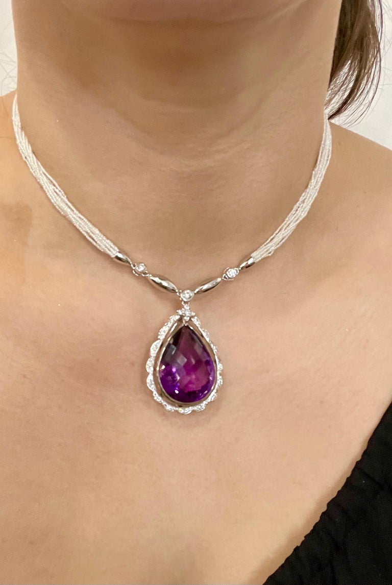 54 Carat Tear Drop Amethyst and Diamonds with Seed Pearl Necklace 18 ...