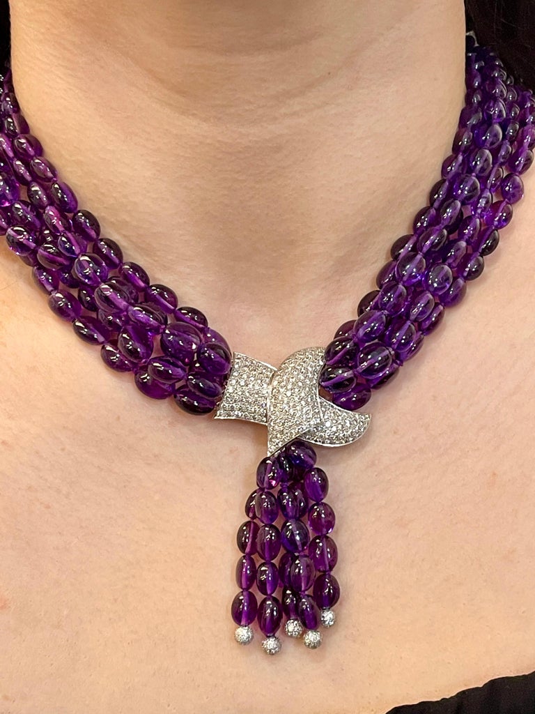 Natural Amethyst Multi Layer Bead Necklace in Platinum with Diamonds ...
