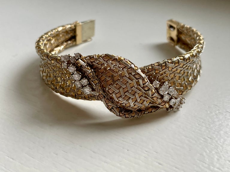 Bracelet vintage en maille en or jaune 18 carats avec diamants signé ...