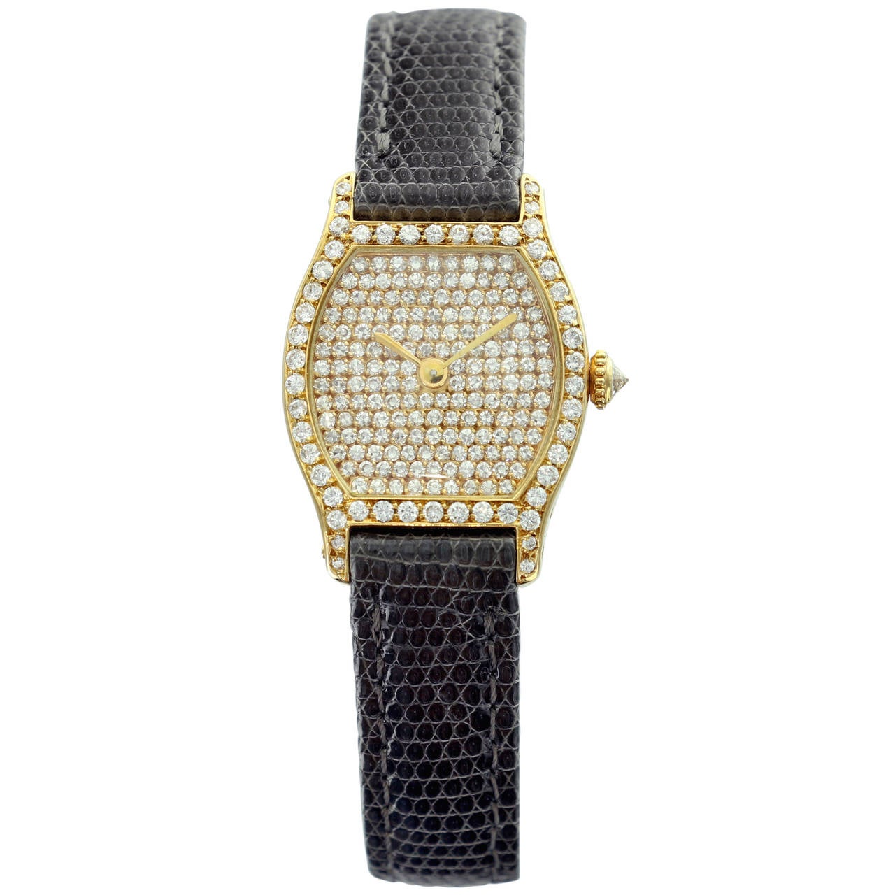 Cartier Yellow Gold Diamond Pave Dial Tortue Wristwatch at 1stdibs