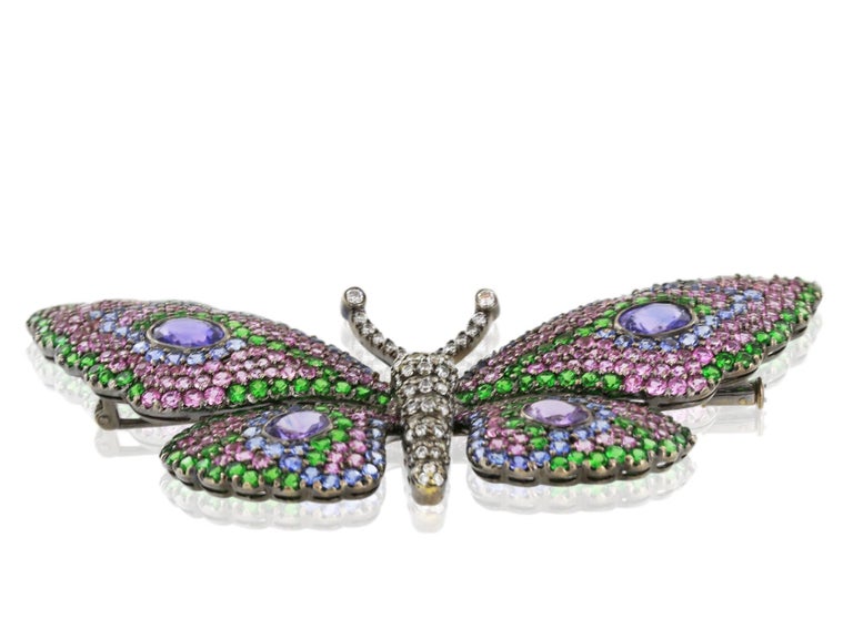 Multi Gem Butterfly Pin in 18 Karat White Gold For Sale at 1stDibs