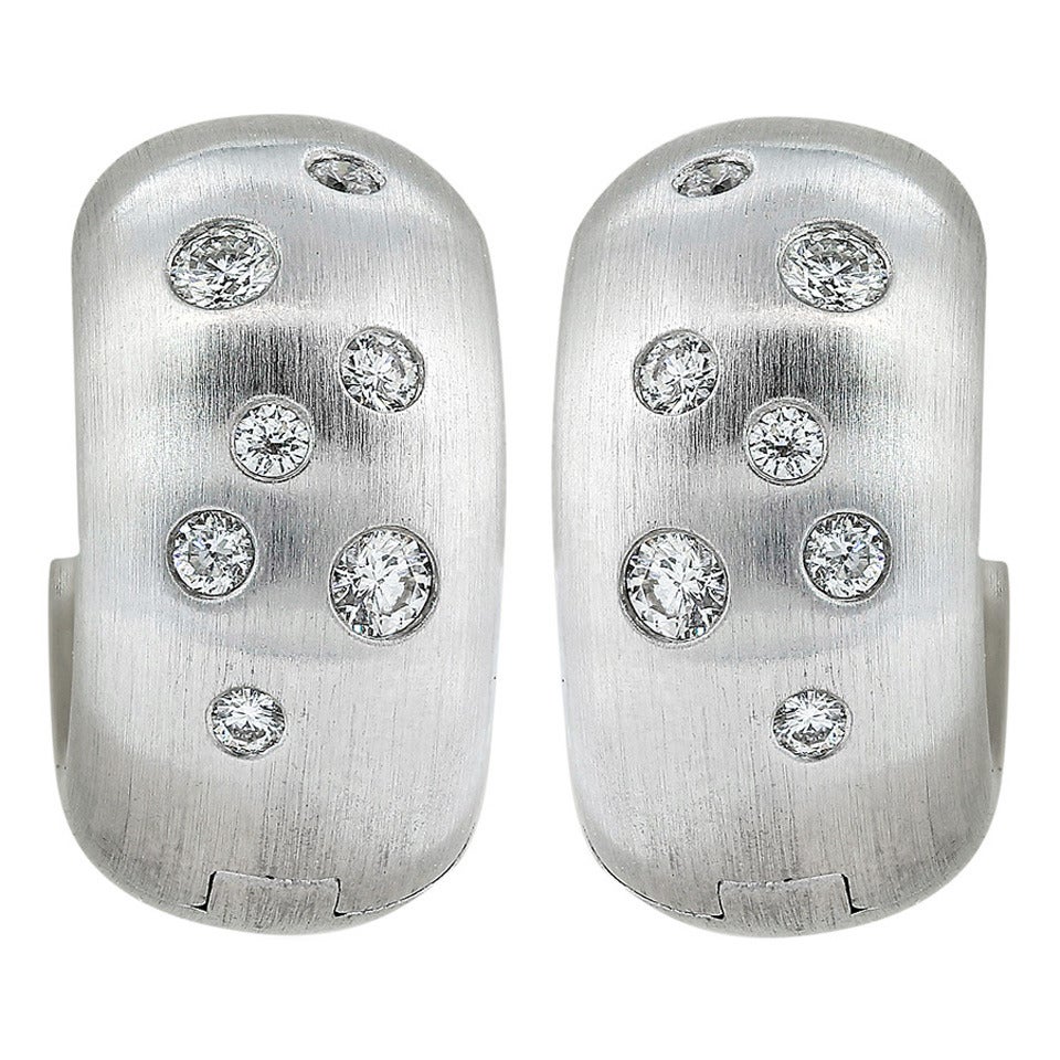 Matte Finish Diamond Gold Hoop Earrings at 1stDibs