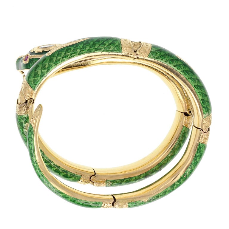 18 Carat Gold Green Enamel Diamond Ruby Serpent Snake Bangle For Sale ...