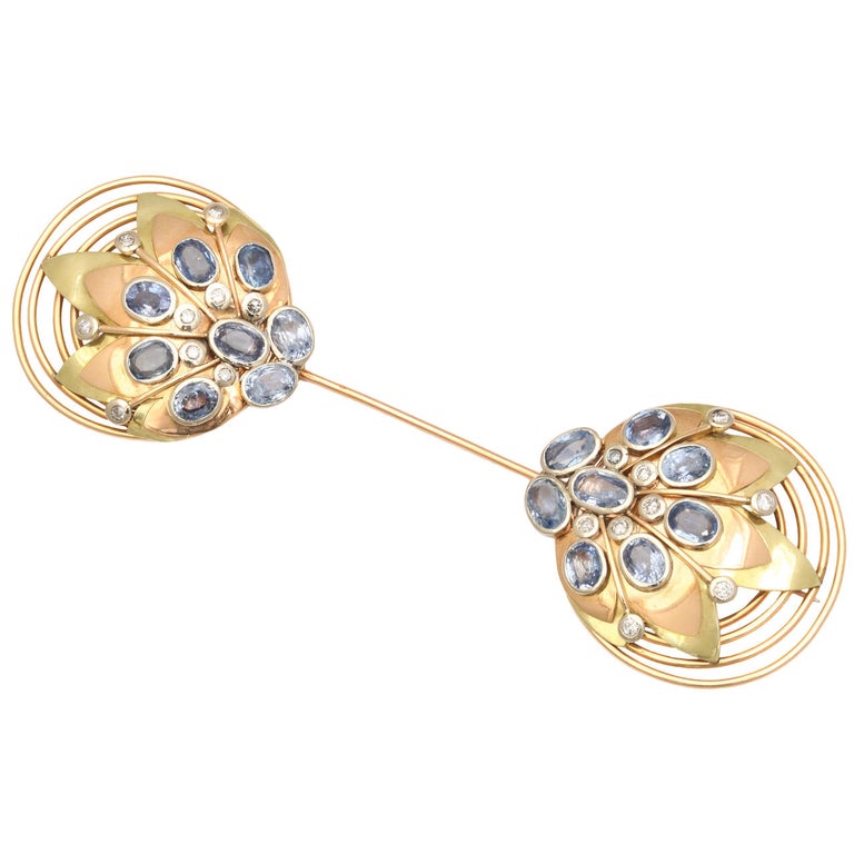 1940s French Retro Sapphire Diamond Tri-Color Gold Jabot Pin For Sale ...