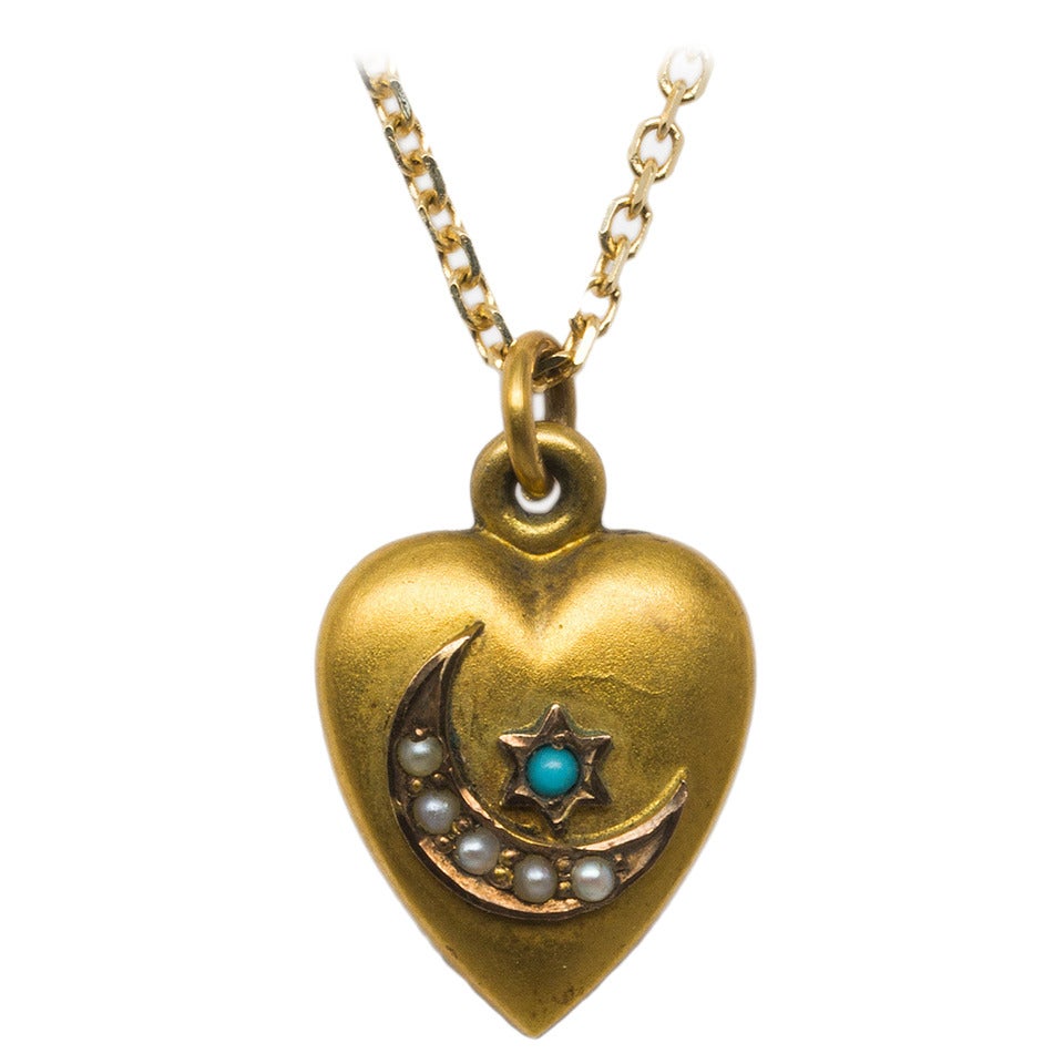 Victorian Crescent Moon and Star Gold Heart Locket at 1stDibs ...