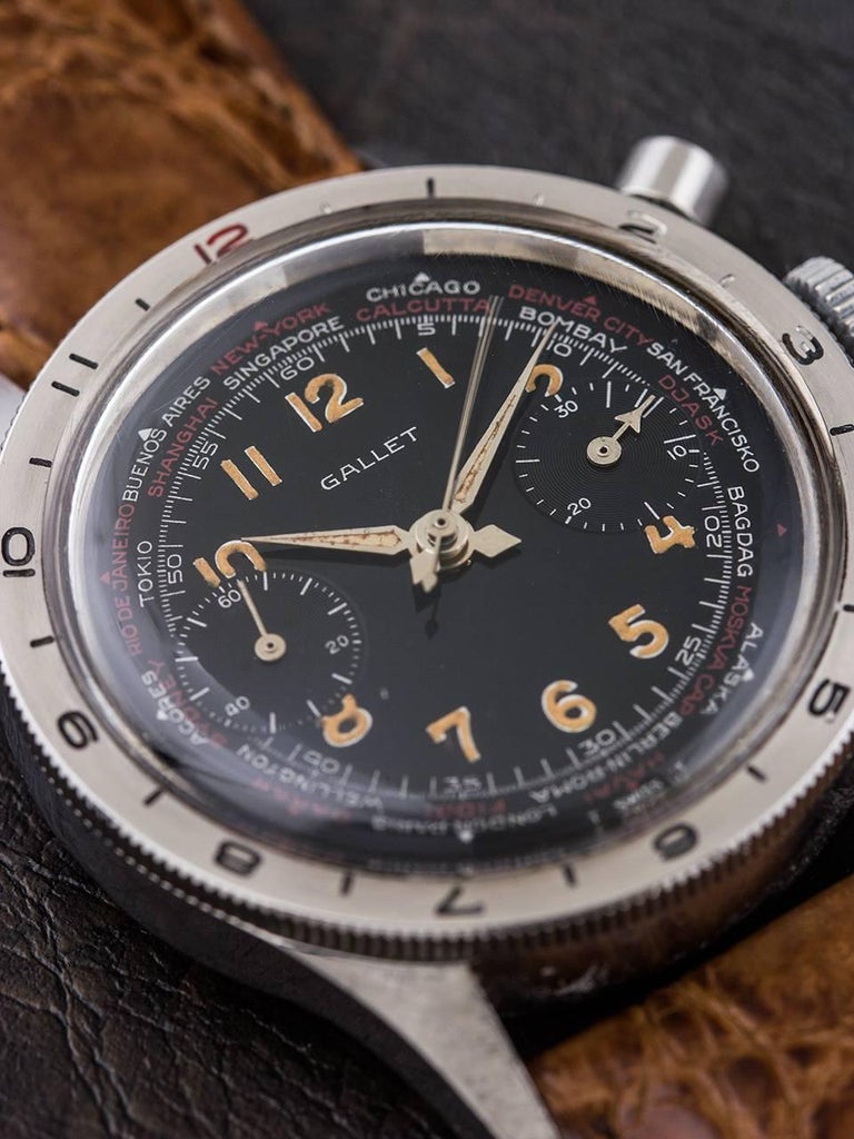 Gallet Stainless Steel Flying Officer World Time Manual Wristwatch ...