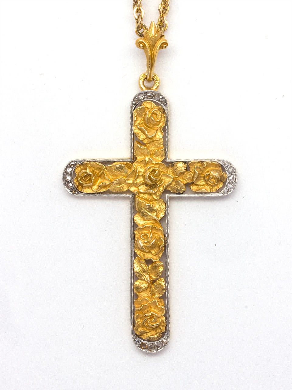 Platinum and Gold Rose Cross with Rose Cut Diamonds For Sale at 1stDibs