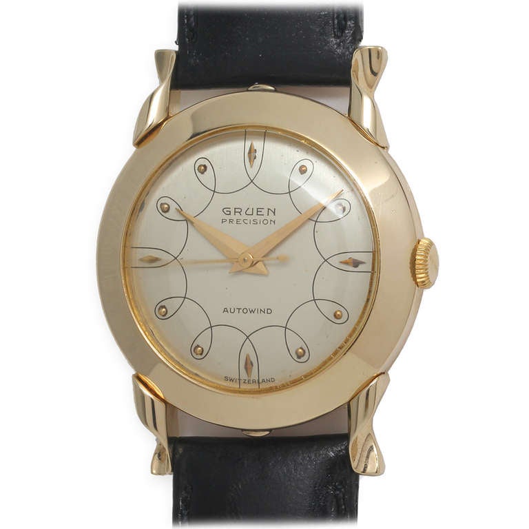 Gruen Yellow Gold Twisted Lugs Automatic Wristwatch circa 1950s at 1stDibs