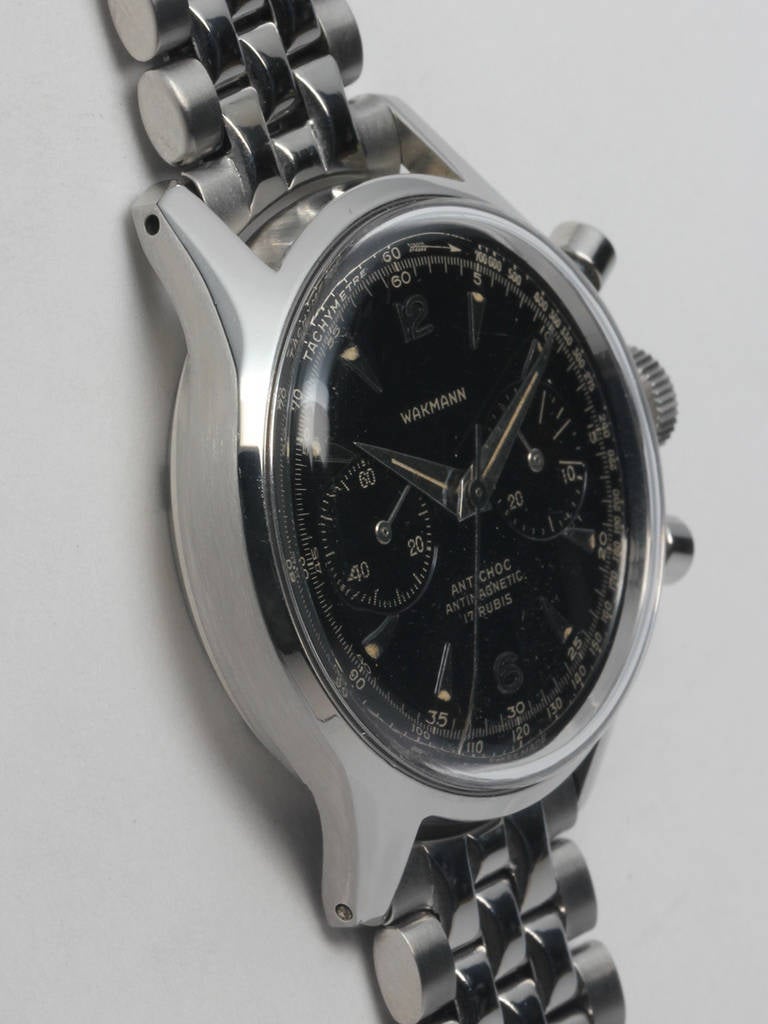 Wakmann Stainless Steel Chronograph Wristwatch circa 1960 at 1stDibs