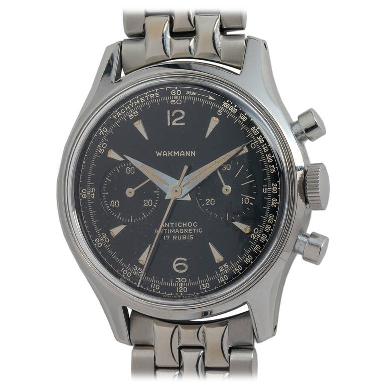 Wakmann Stainless Steel Chronograph Wristwatch circa 1960 at 1stDibs