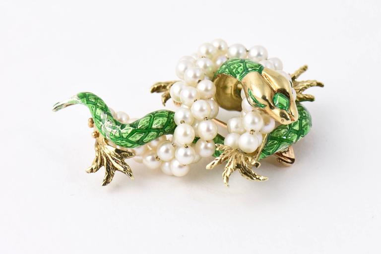 Enamel and Pearl Gold Snake Detachable Brooch on Ten Strand Pearl ...