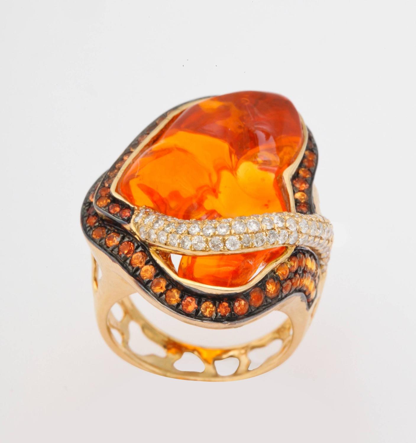 Mexican Opal Orange Sapphire Diamond Gold Ring For Sale at 1stdibs