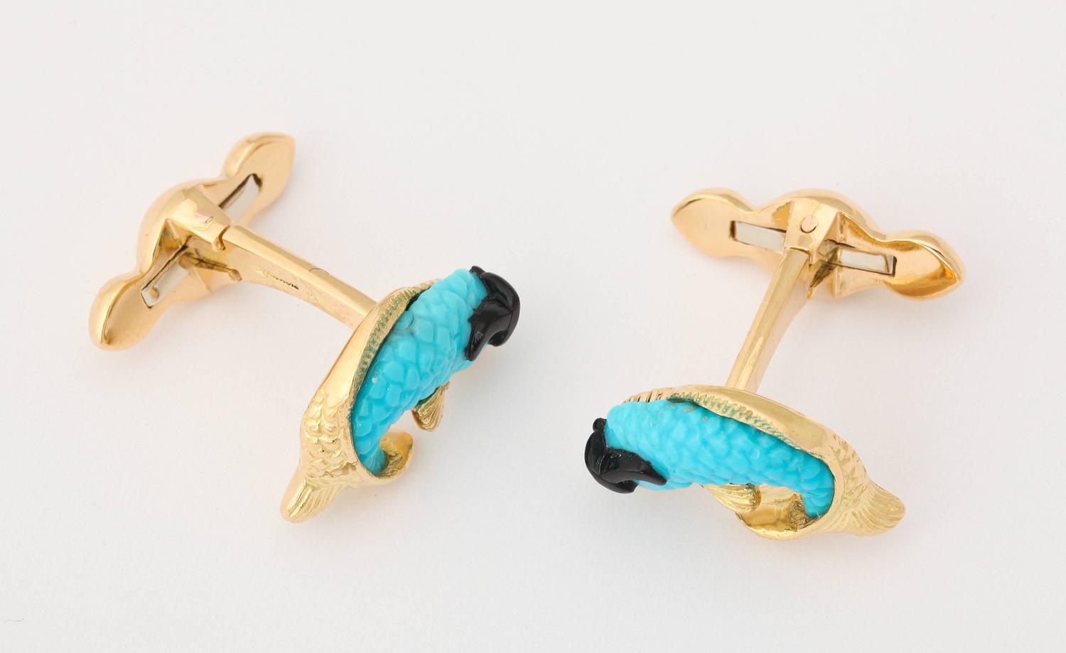 Michael Kanners Turquoise Onyx Gold Fish Cufflinks For Sale at 1stdibs