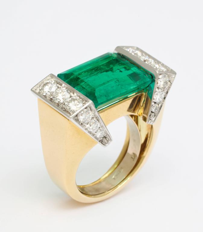 Rectangular Cut Emerald Diamond Gold Platinum Geometric Ring at 1stDibs