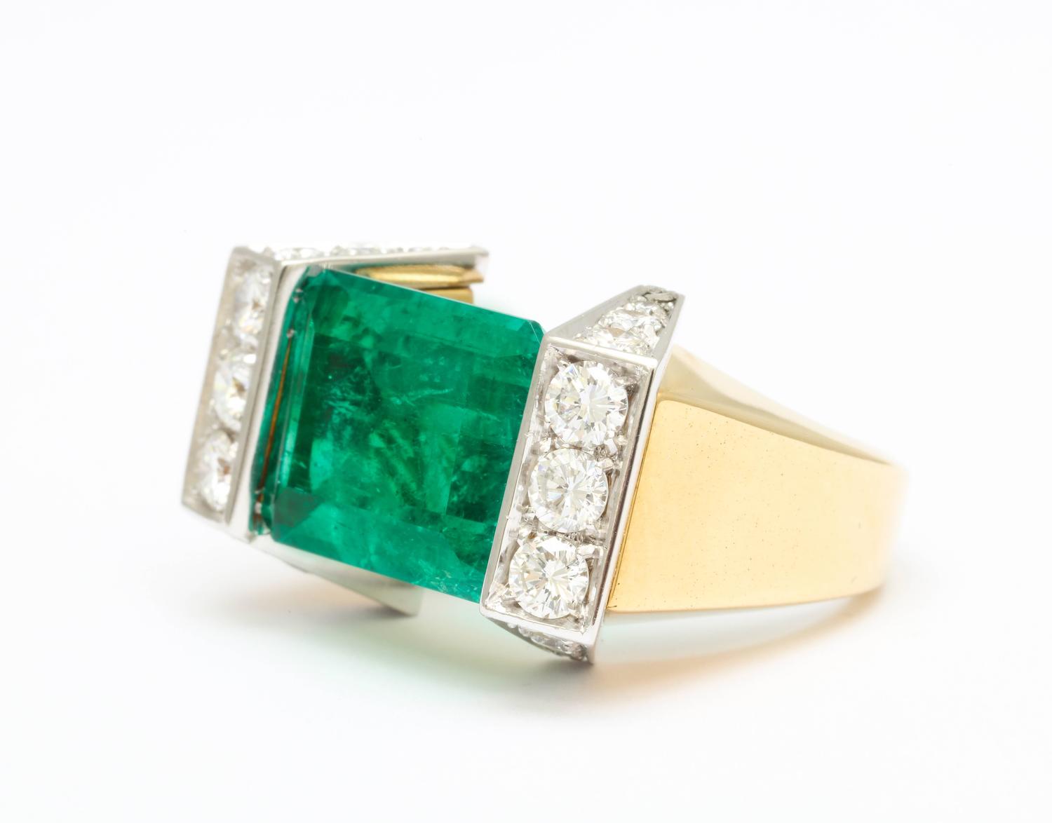 Rectangular Cut Emerald Diamond Gold Platinum Geometric Ring For Sale ...