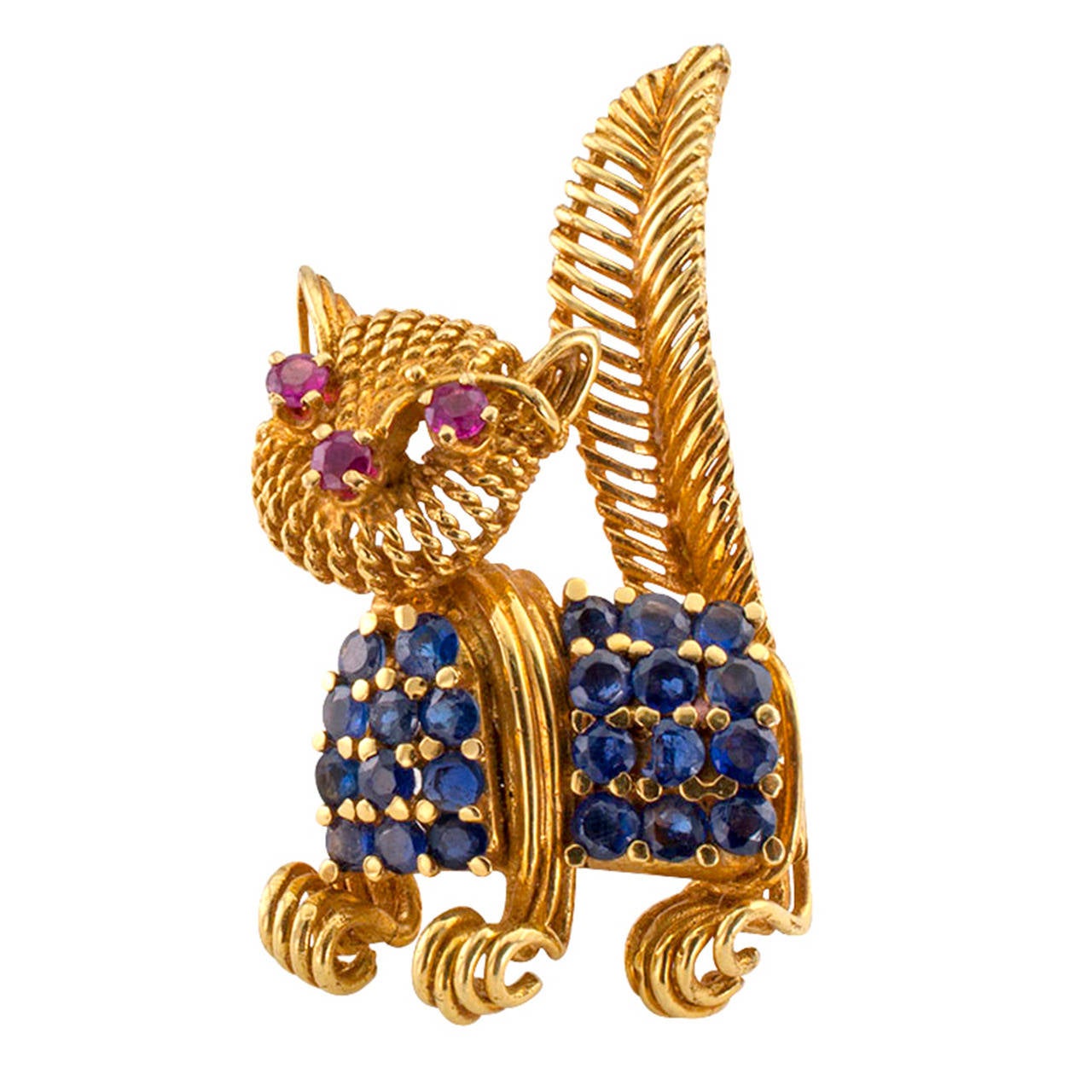Tiffany and Co. Sapphire Ruby Gold Cat Brooch at 1stDibs