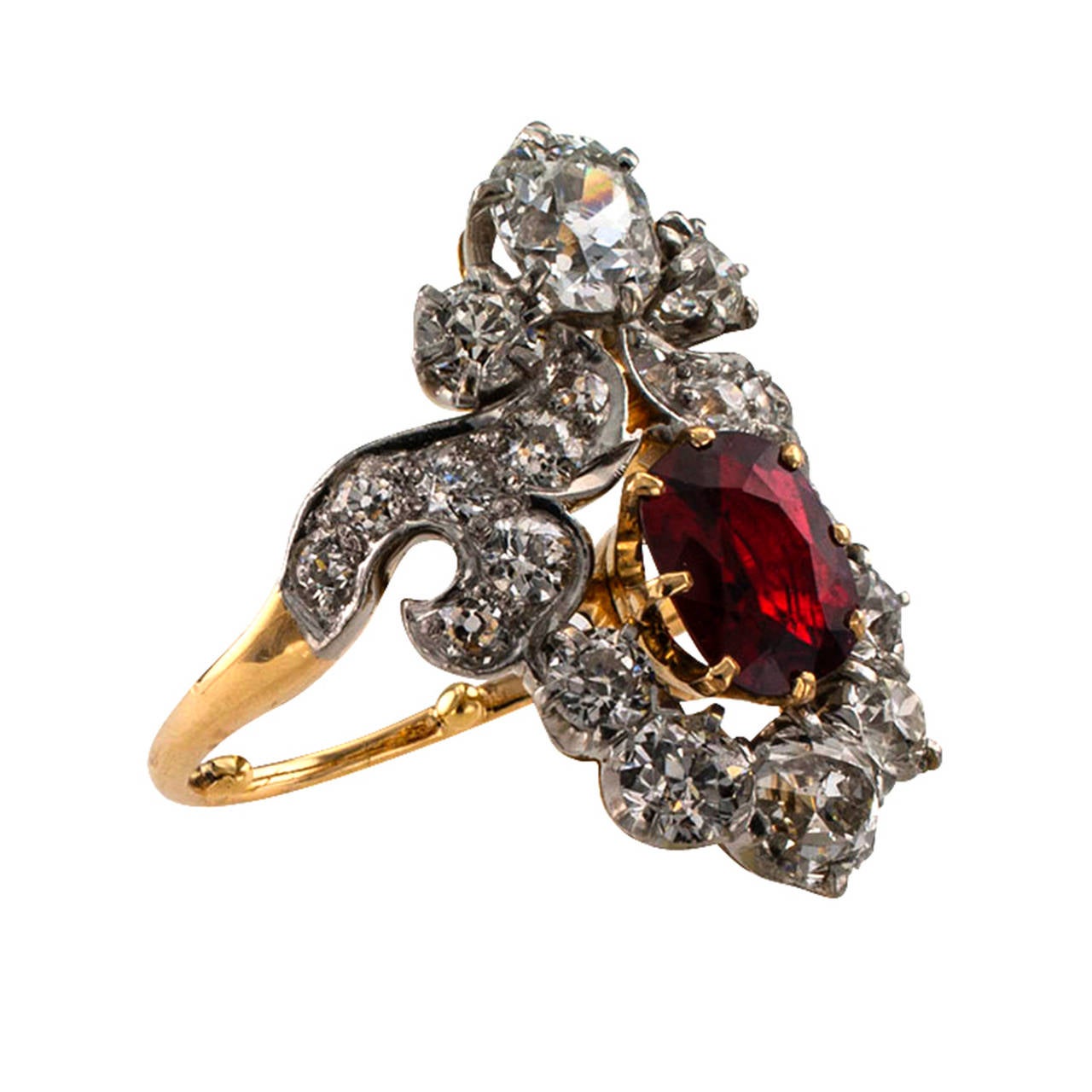 Edwardian Red Spinel Diamond Gold Platinum Ring at 1stDibs