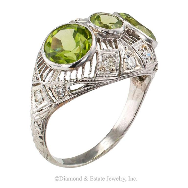 Art Deco Peridot Diamond Platinum Ring at 1stDibs