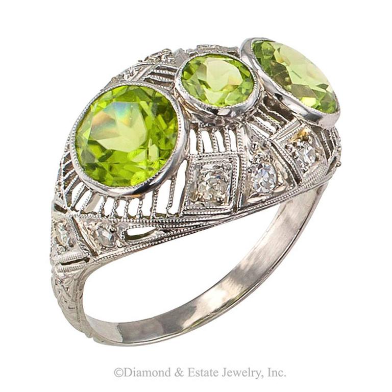 Art Deco Peridot Diamond Platinum Ring at 1stDibs
