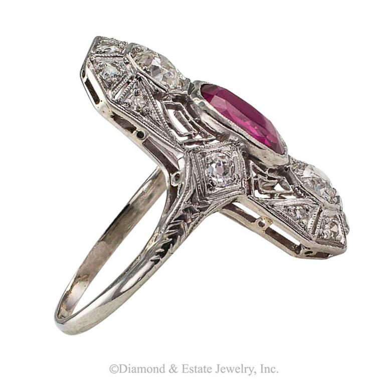 Art Deco Ruby Diamond Platinum Dinner Ring at 1stDibs