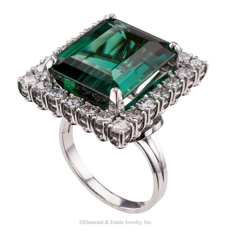 1960s Emerald Cut Blue Green Tourmaline Diamond Cocktail Ring at ...