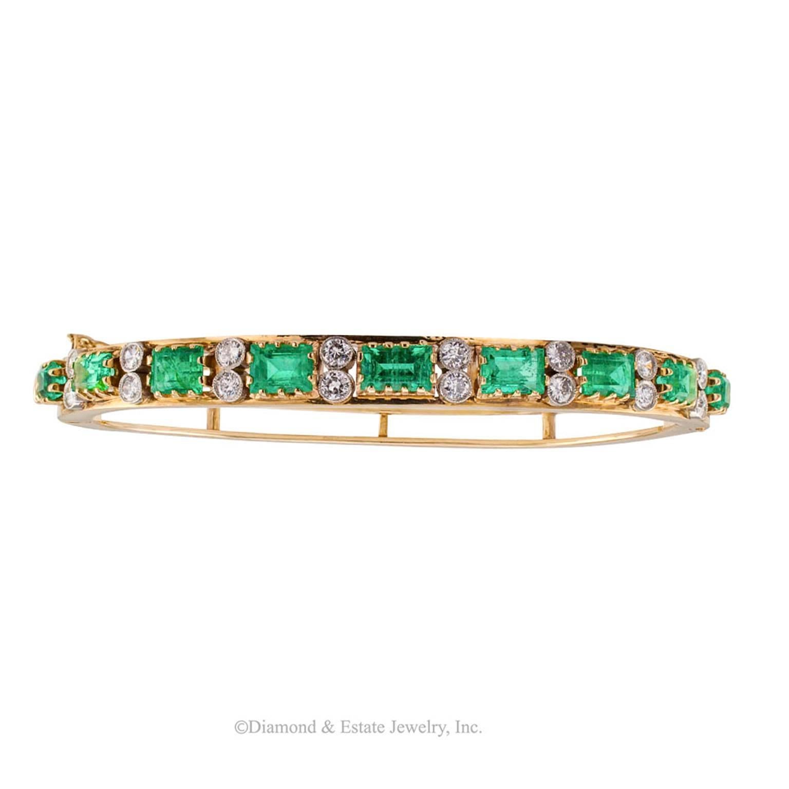 1950s Emerald Diamond Gold Bangle Bracelet at 1stDibs