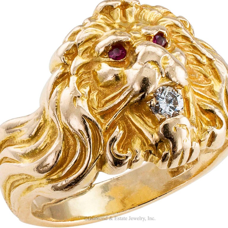 1930s Lion Head Ring Ruby Diamond Gold at 1stDibs | gold lion ring with ...
