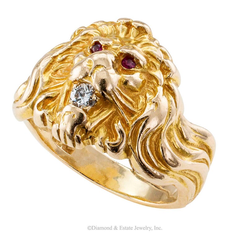 1930s Lion Head Ring Ruby Diamond Gold at 1stDibs | gold lion ring with ...
