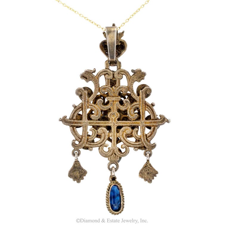 Victorian 1880s Sapphire Pearl Guilded Silver Pendant at 1stDibs