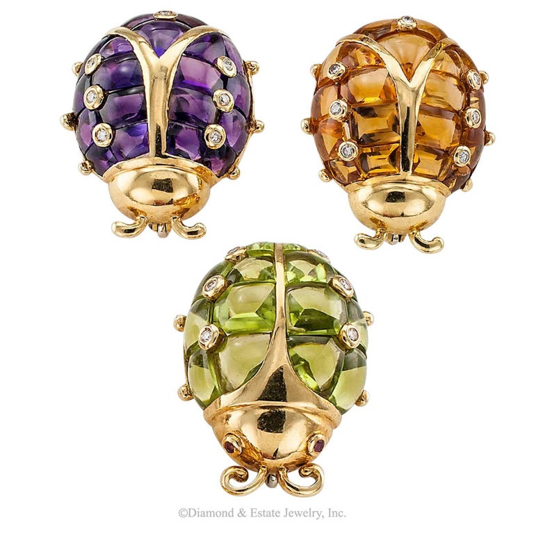 1970s Gem Set Ladybug Trio Gold Brooches at 1stDibs