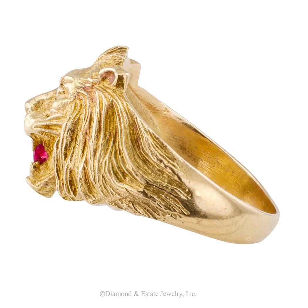Lion Head Gold Diamond Ruby Ring at 1stDibs | lion ring with ruby eyes ...