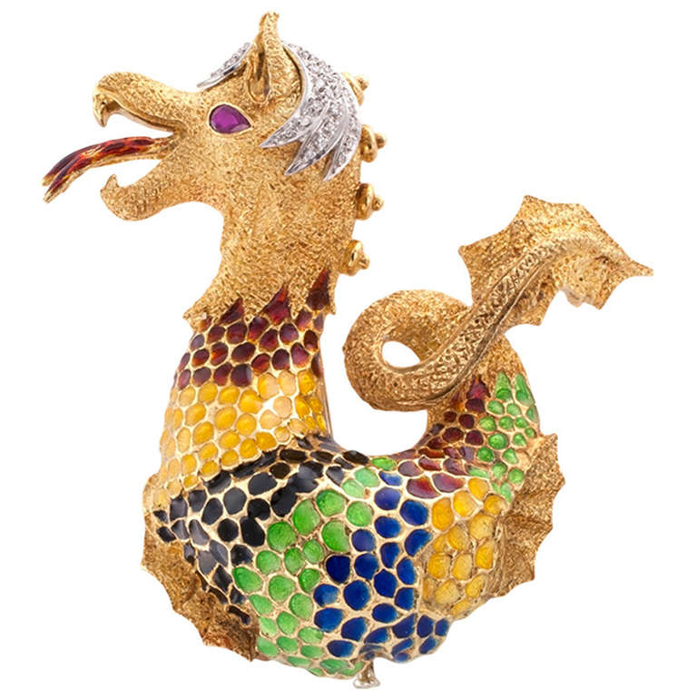 Incredible Multicolor Enamel Ruby and Diamond Dragon Brooch at 1stDibs