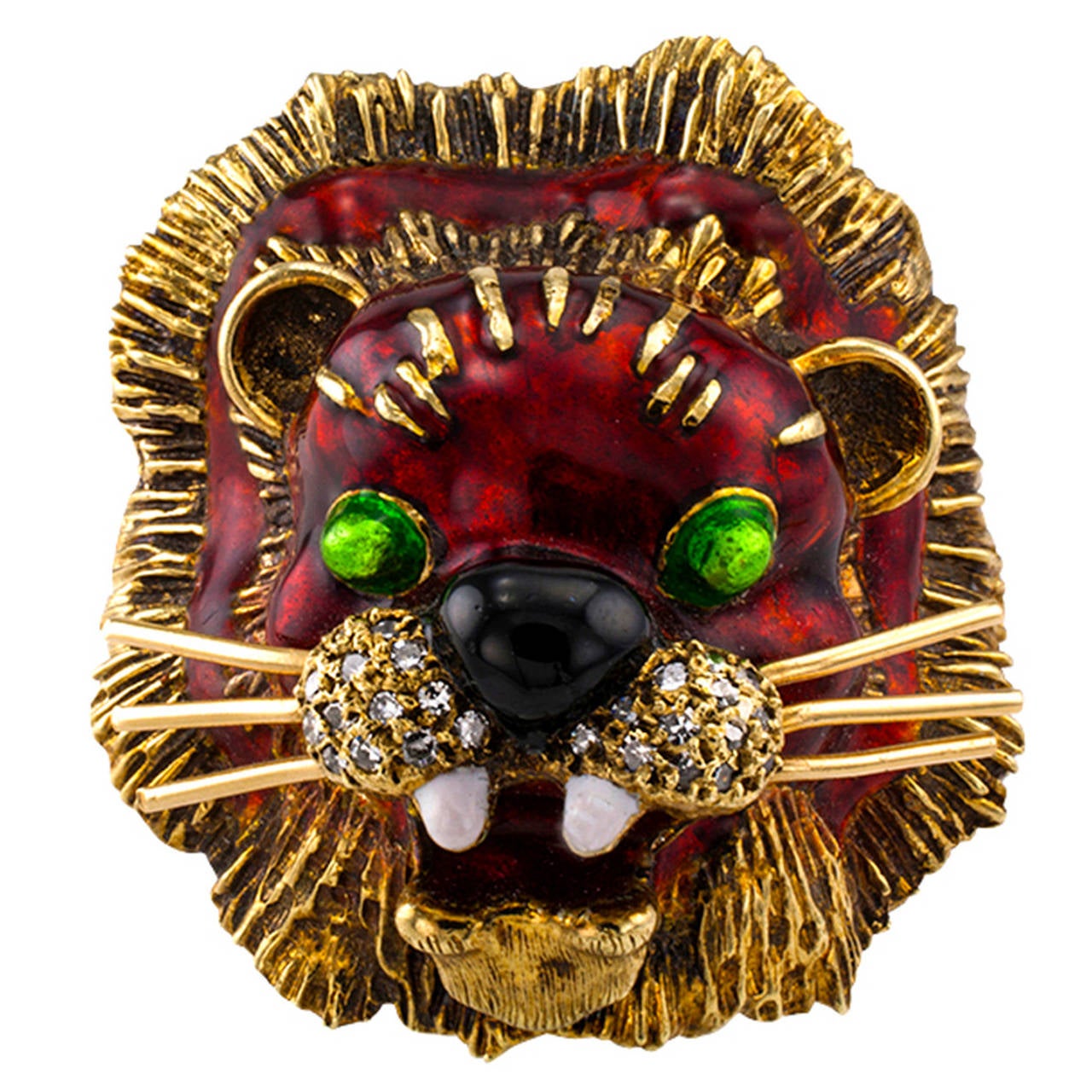 Martine Enamel Diamond Gold Lion Head Brooch For Sale at 1stDibs