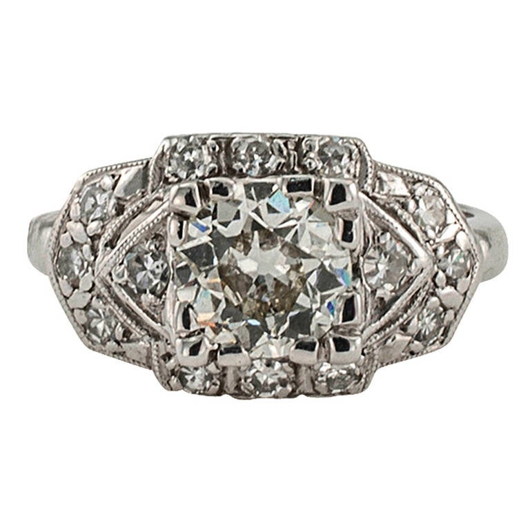 1950s Diamond Platinum Engagement Ring For Sale at 1stDibs