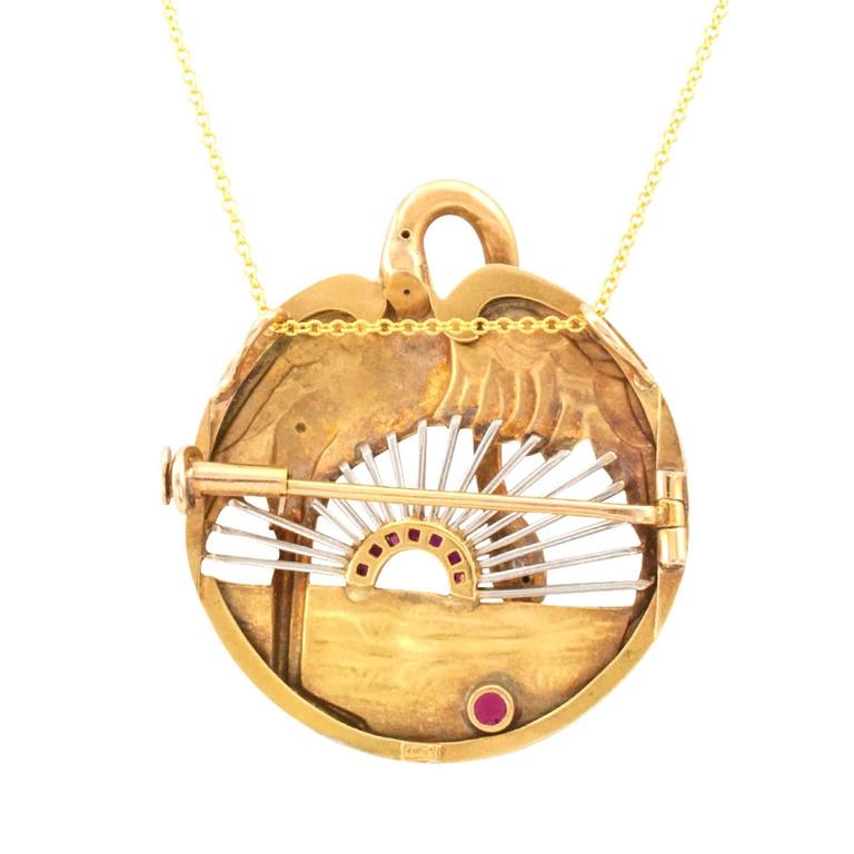 Art Nouveau Ruby Diamond Gold Platinum Crane Brooch Pendant For Sale at ...