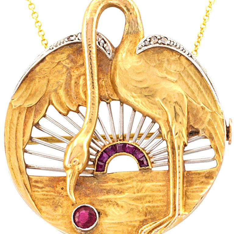Art Nouveau Ruby Diamond Gold Platinum Crane Brooch Pendant For Sale at ...