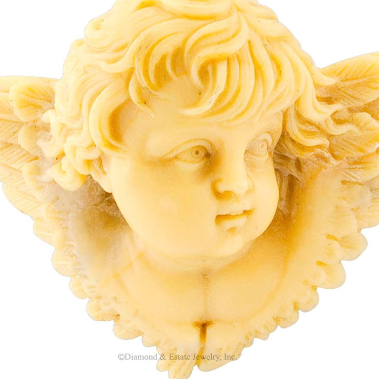 Victorian 1850s Carved Alabaster Cherub Brooch at 1stDibs
