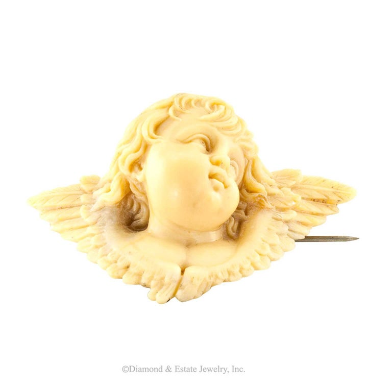 Victorian 1850s Carved Alabaster Cherub Brooch at 1stDibs