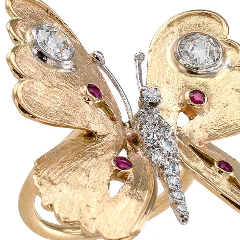1970s Butterfly Diamond Ruby Gold Ring For Sale at 1stDibs