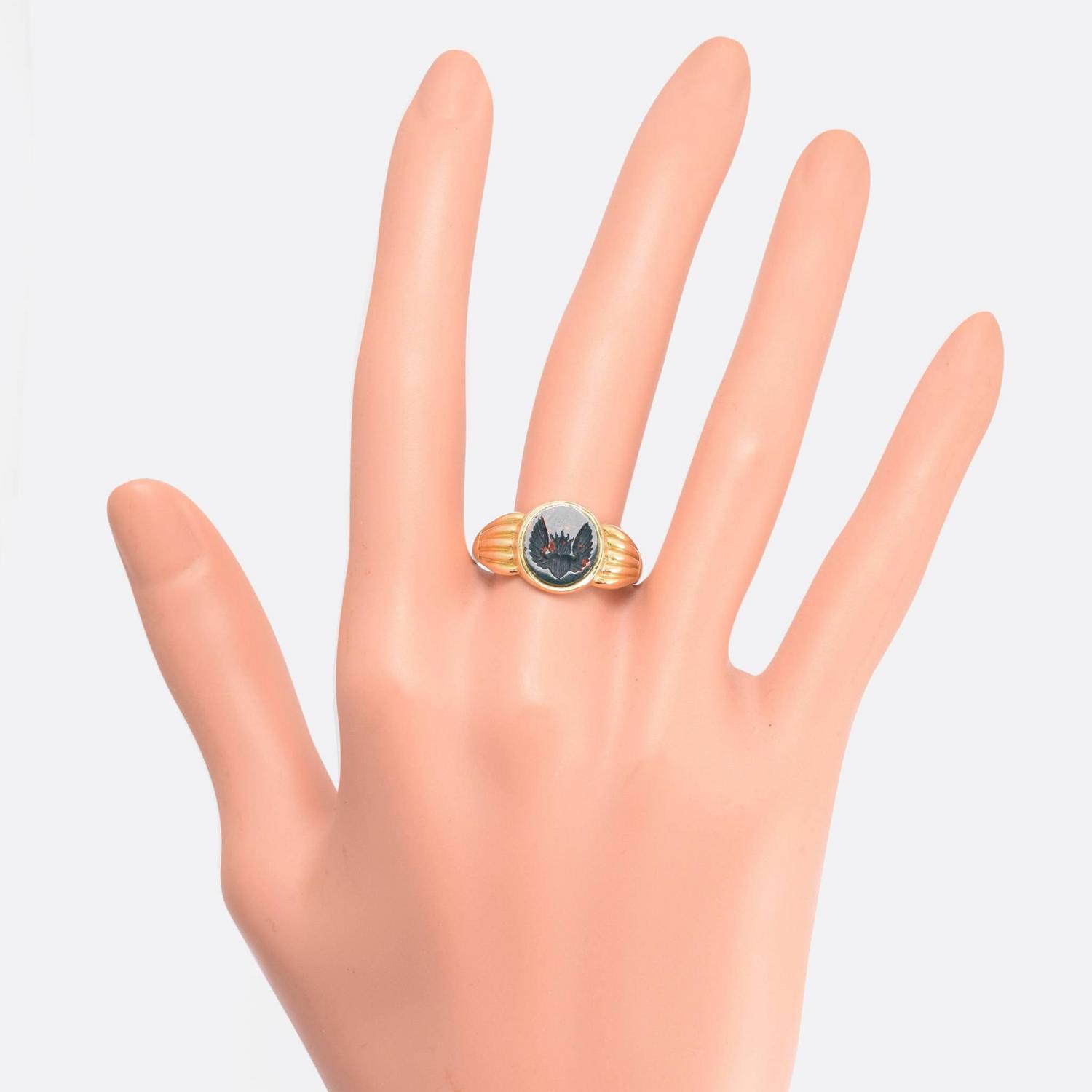 Victorian Bloodstone Winged Flaming Heart Gold Signet Ring at 1stdibs