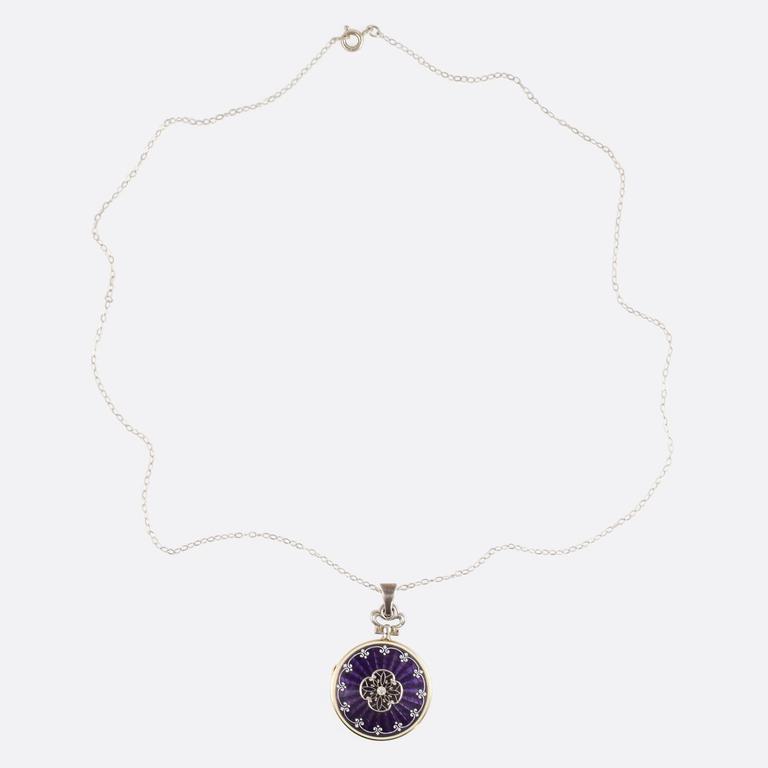 Edwardian Purple Guilloché Enamel Diamond Locket at 1stDibs