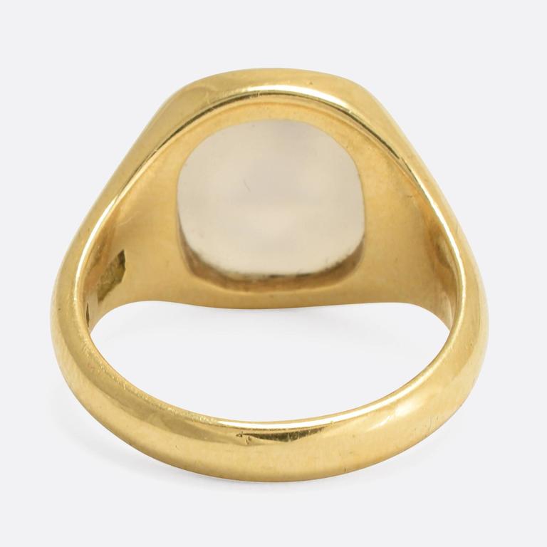 1930s "Quick But Wise" Chalcedony Heraldic Intaglio Signet Ring at 1stDibs