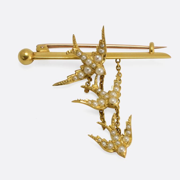 Late Victorian Pearl "Diving Swallows" Gold Bar Brooch at 1stDibs