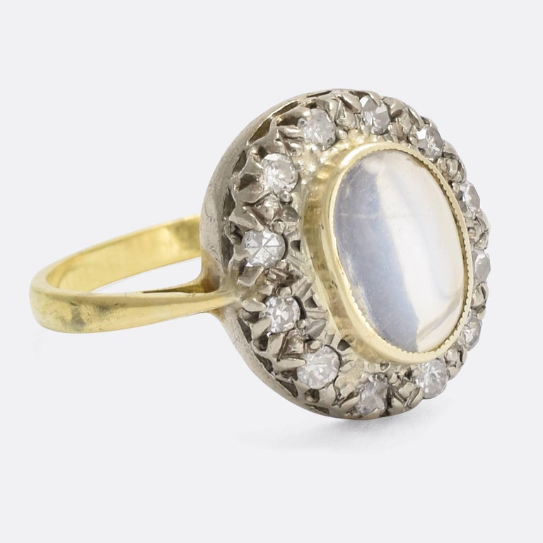 Antique Edwardian Blue Moonstone Diamond Oval Cluster Ring at 1stDibs