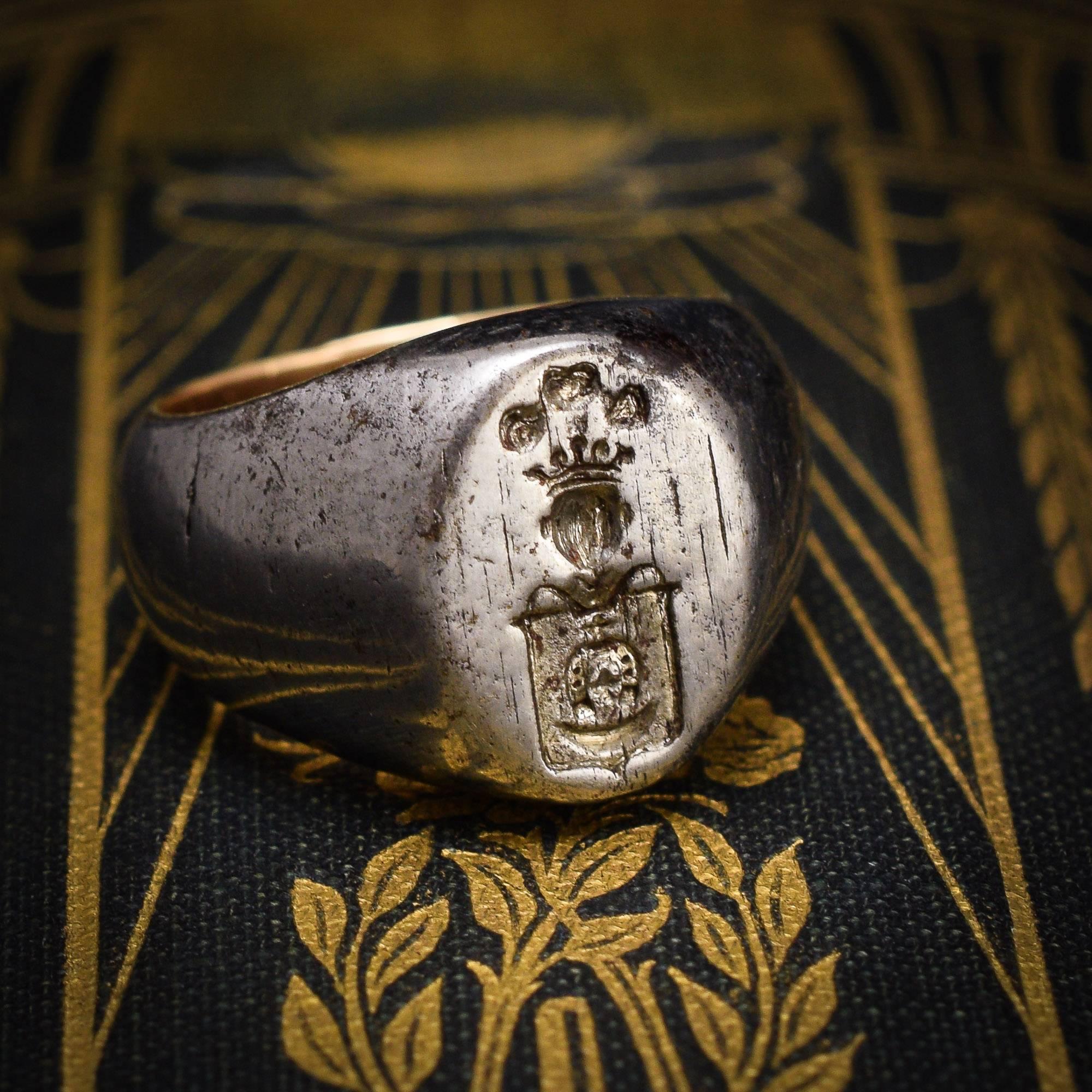 Victorian Gold and Steel Heraldic Signet Ring at 1stDibs