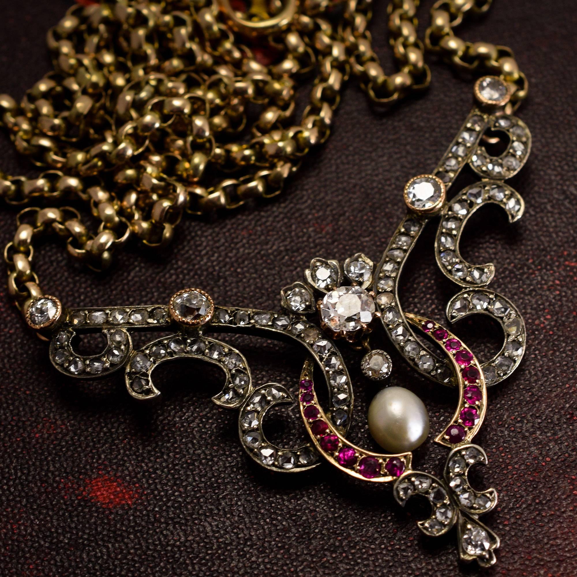 Late Victorian Diamond Ruby Pearl Necklace at 1stDibs